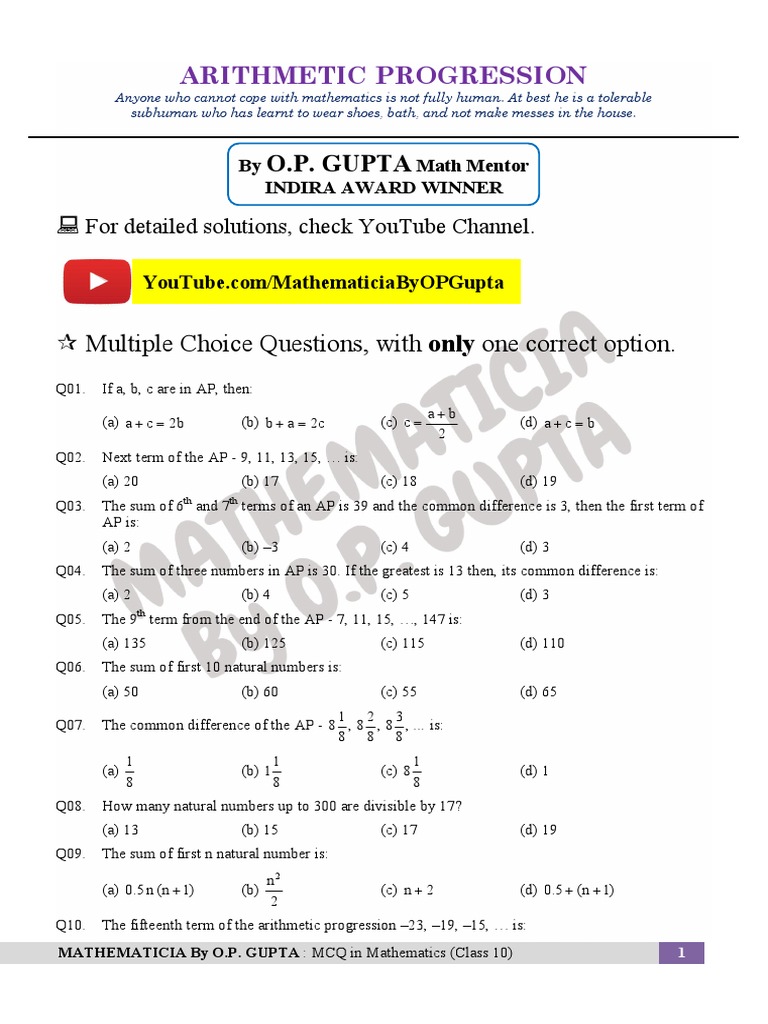 (MCQ) - Arithmetic Progression | PDF | Arithmetic | Science