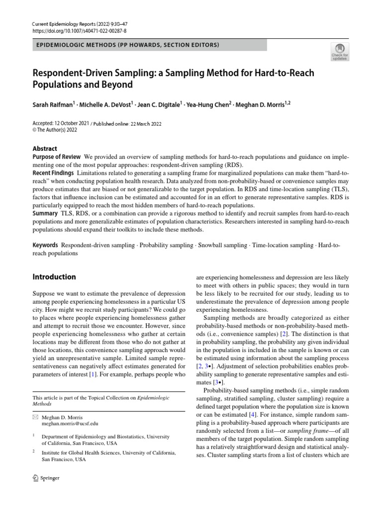 Respondent Driven Sampling: A Sampling Method For Hard To Reach Populations and Beyond | PDF