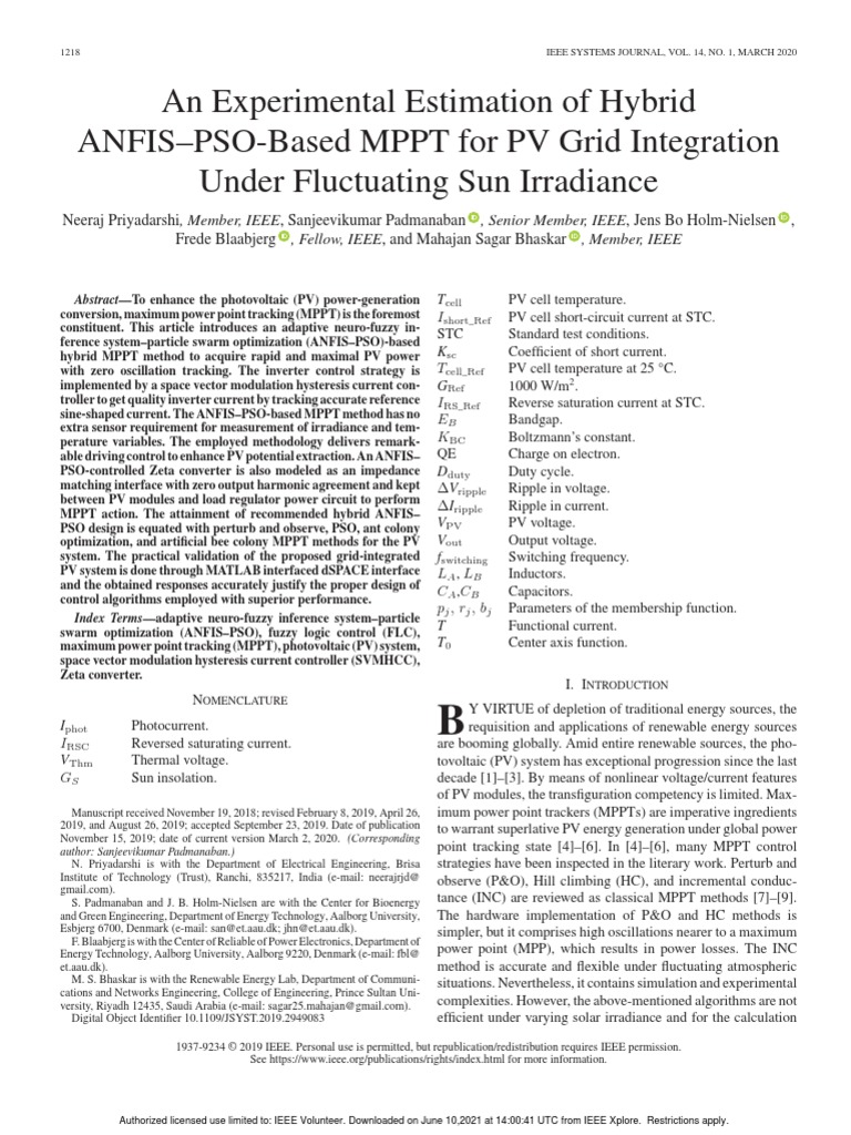 An Experimental Estimation of Hybrid ANFIS-PSO-Based MPPT For PV Grid ...
