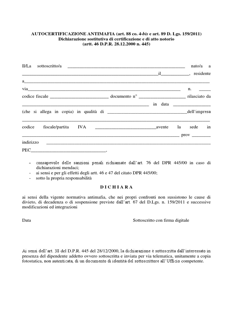 Autocertificazione Antimafia | PDF