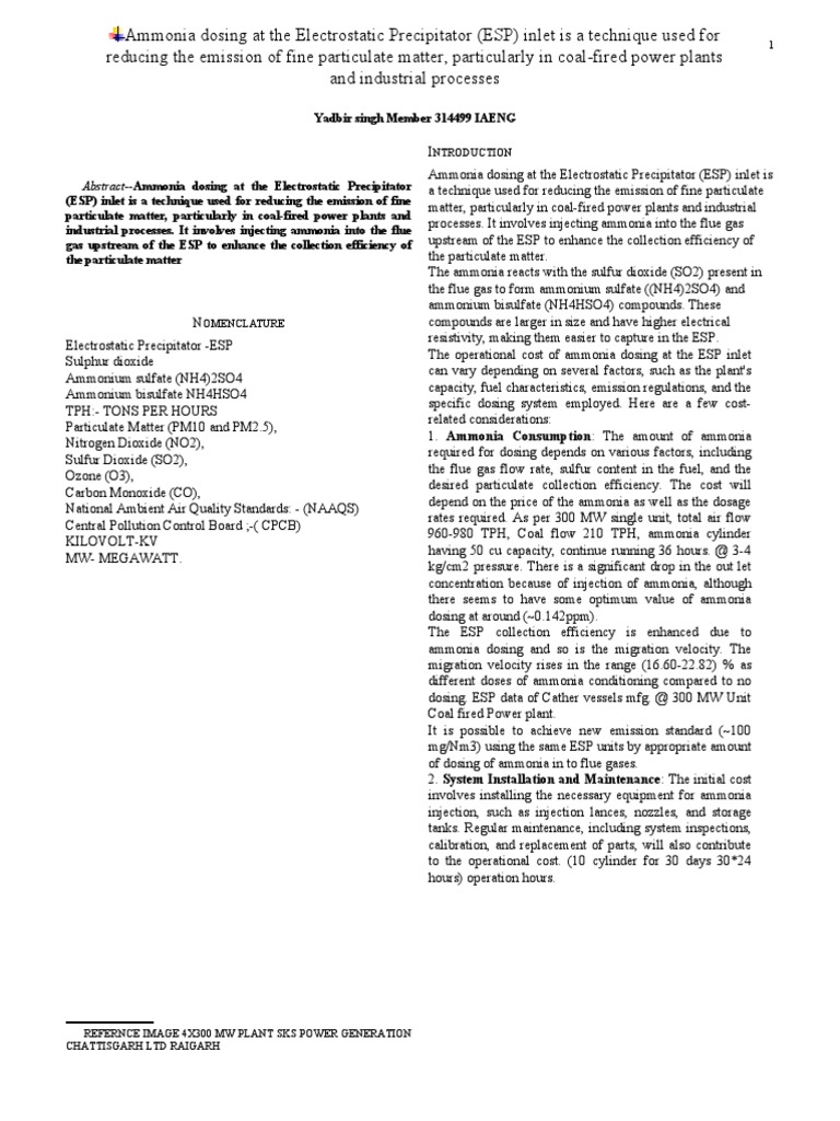 Ammonia Dosing at The Electrostatic Precipitator (ESP) Inlet Is A ...