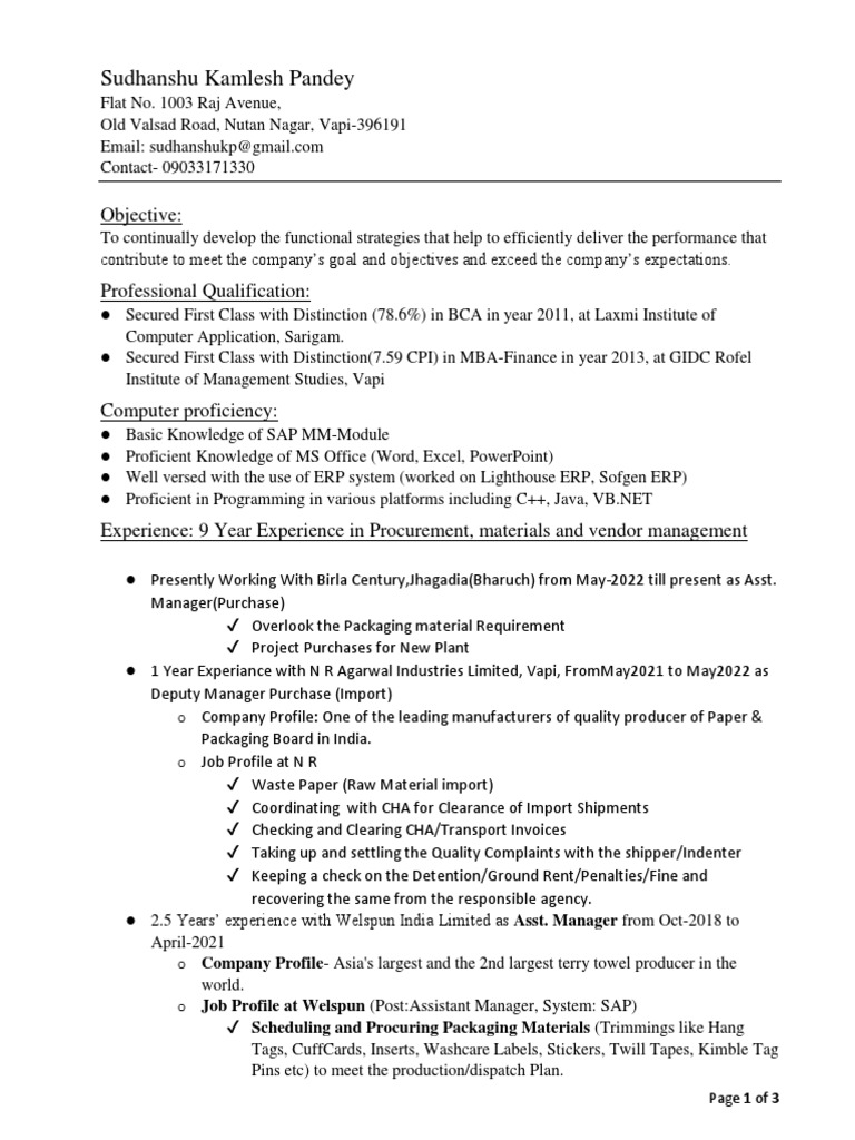 Resume Sudhanshu - Purchase | PDF | Packaging And Labeling | Enterprise Resource Planning