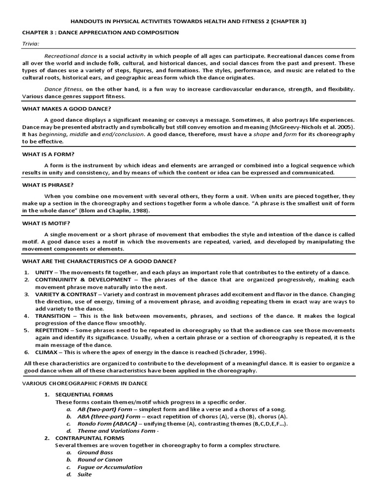 Handouts in Path Fit 2 Chapter 3 | PDF | Dances | Choreography