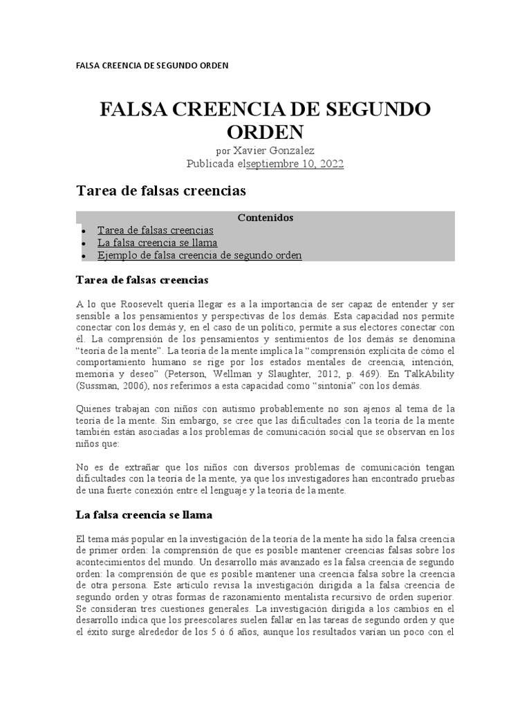 Falsa Creencia de Segundo Orden | PDF | Teoria de la mente | Mente