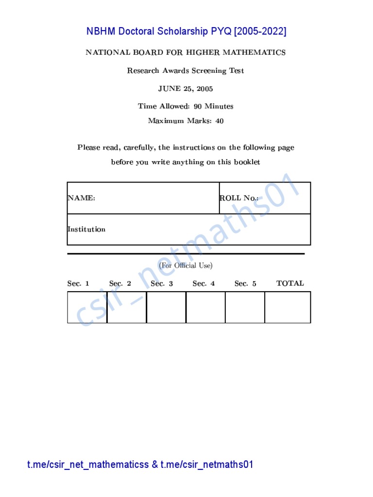 NBHM Question Papers (2005-2022) @csir - NetMaths01 | PDF