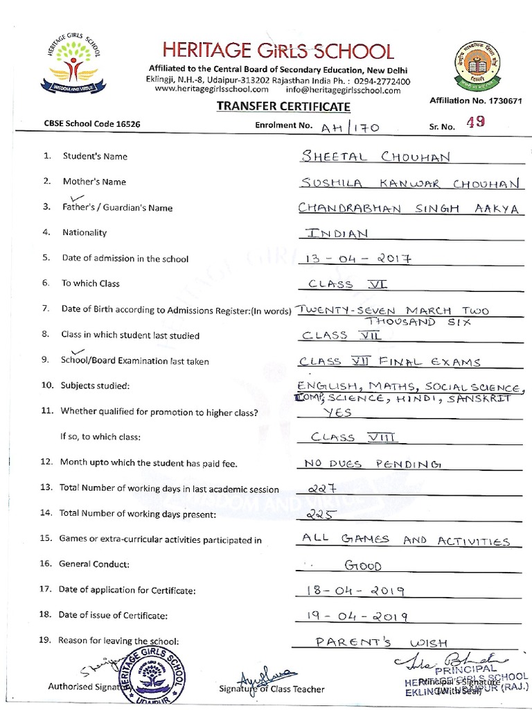 Transfer Certificate | PDF