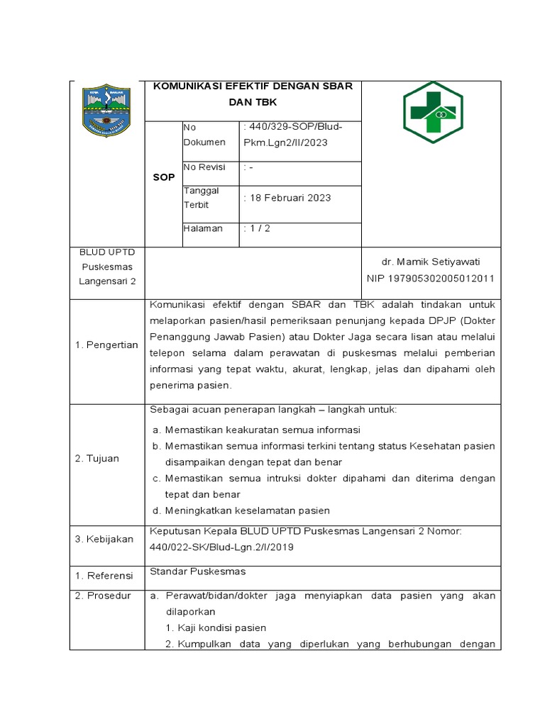 Sop Sbar Dan TBK | PDF