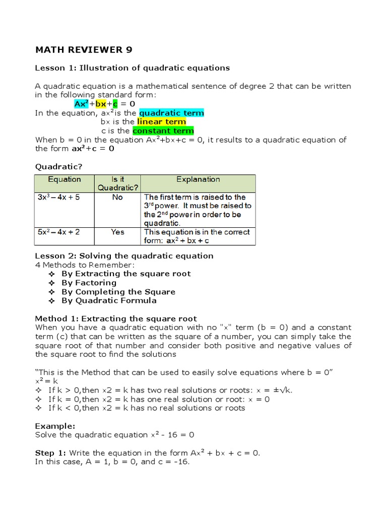 Math Reviewer 9 | PDF | Quadratic Equation | Equations