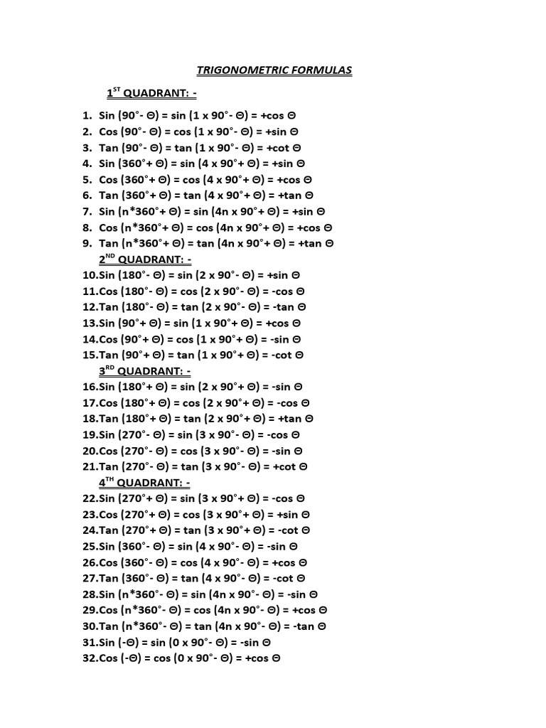 Trigonometric Formulas Pdf
