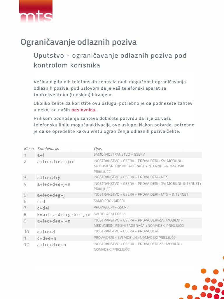 mts-fiksna-mreza-Ogranicavanje-odlaznih-poziva | PDF