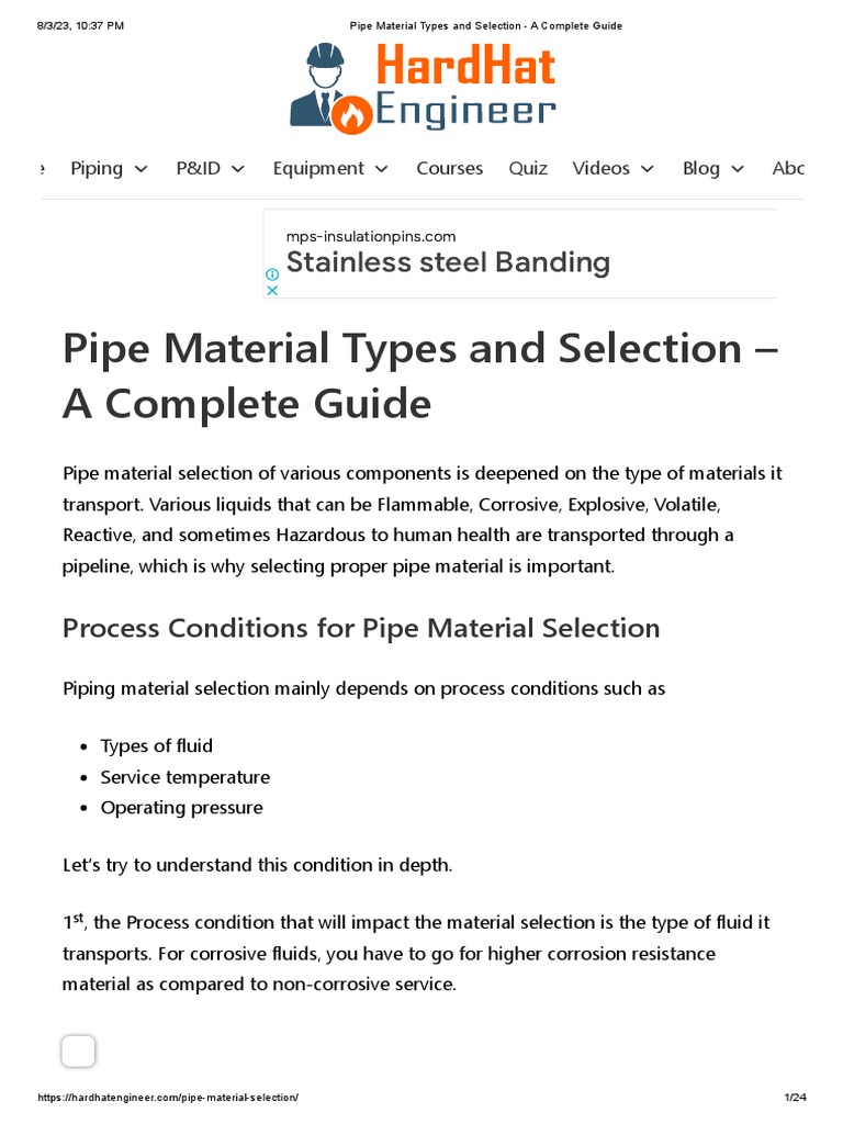 Pipe Material Types and Selection - A Complete Guide | PDF