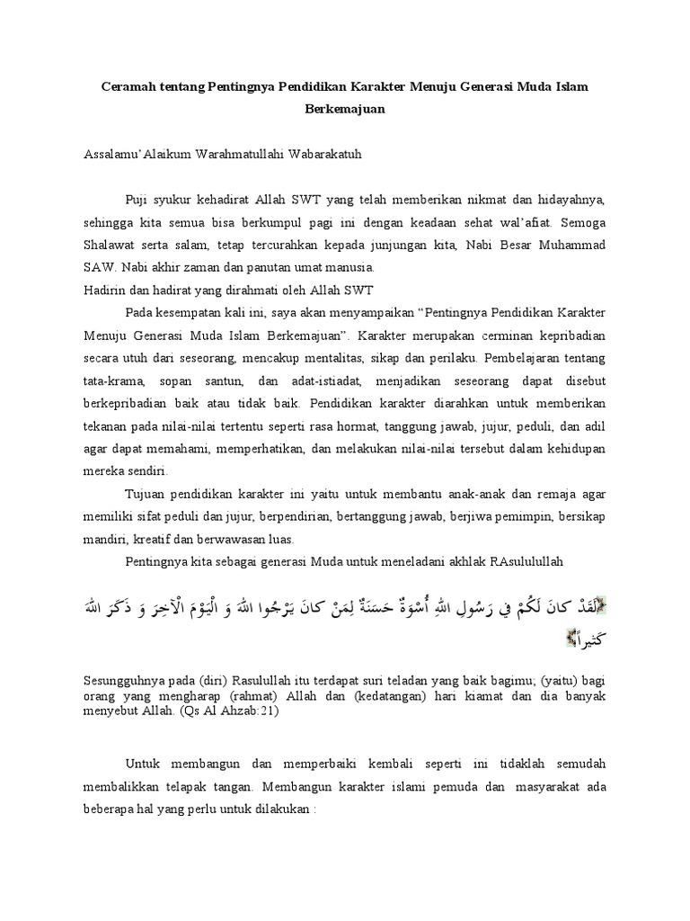 Pidatotentang Pentingnya Pendidikan Karakter Menuju Generasi Muda Islam ...
