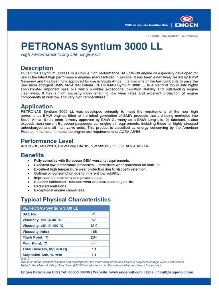 PETRONAS Syntium 3000 LL Overview | PDF | Motor Oil | Mechanical ...