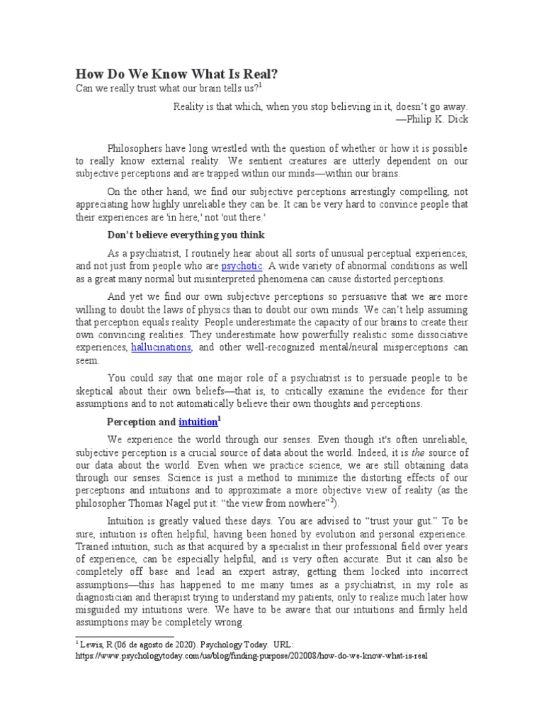 How Do We Know What Is Real | PDF | Perception | Experience