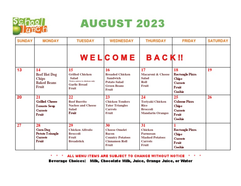 August Menu 2023 | PDF