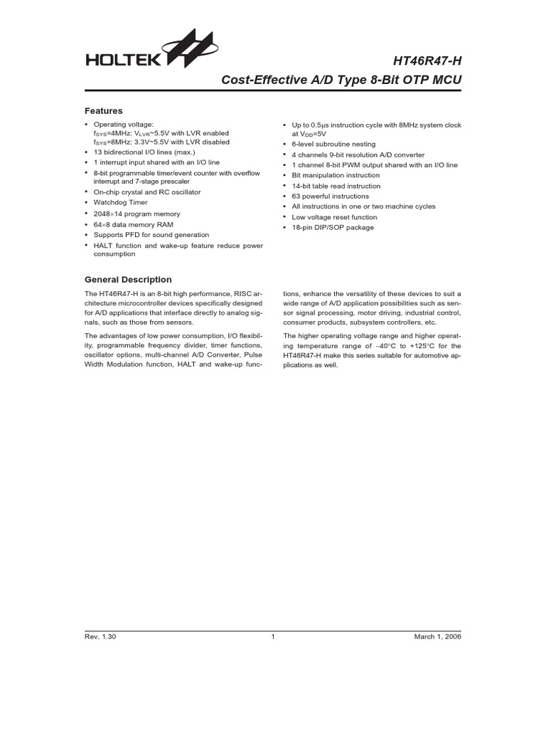 HT46R47-H 8-Bit A/D Microcontroller | PDF | Microcontroller | Analog To ...