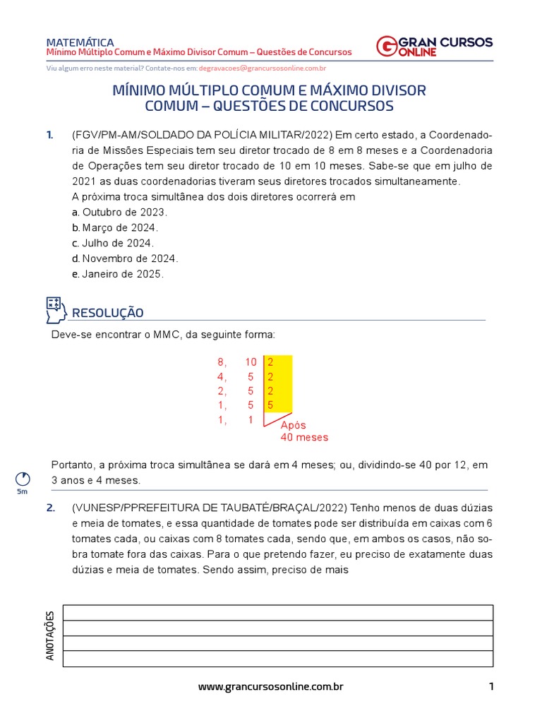 Mínimo Múltiplo Comum E Máximo Divisor Comum - Questões de Concursos | PDF | Teoria dos Números ...