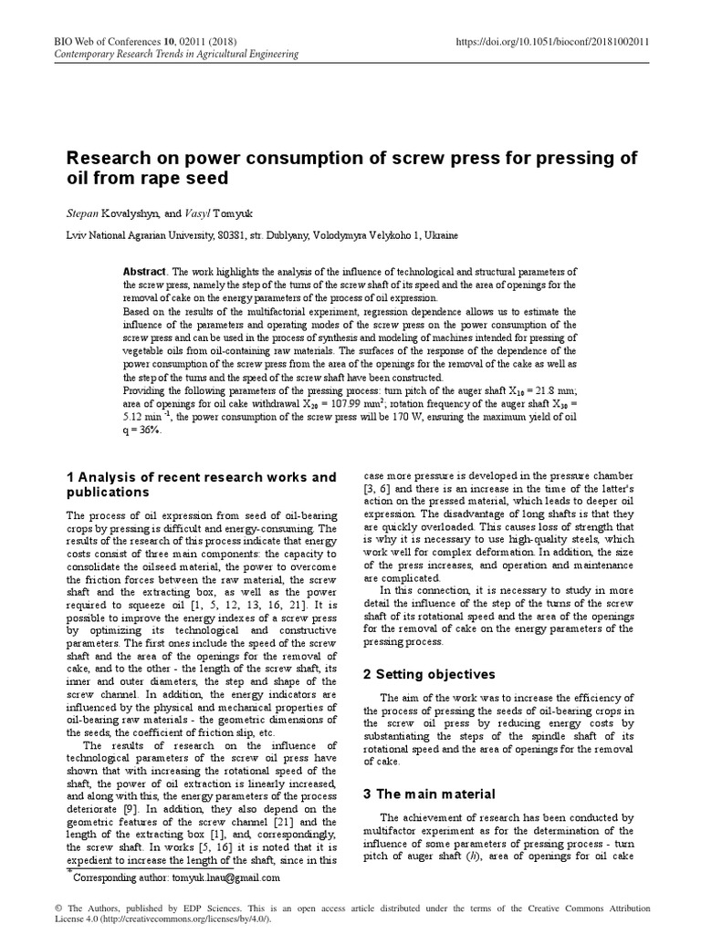 Energy Efficiency in Screw Press Oil Extraction | PDF | Friction | Screw