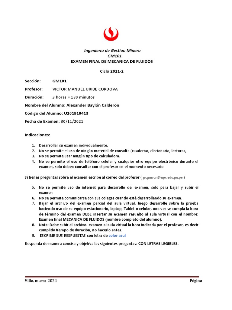 Examen Final MECANICA DE FLUIDOS | PDF | Presión | Mecanica clasica