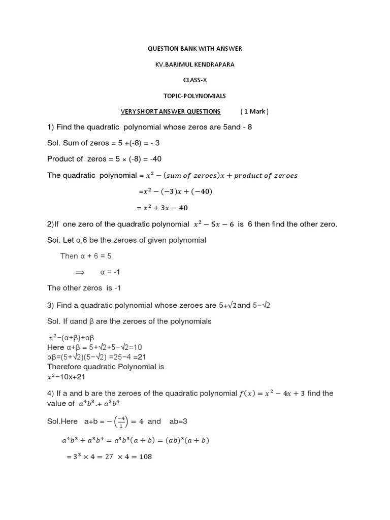 Question Bank With Answer PDF | PDF | Zero Of A Function | Polynomial