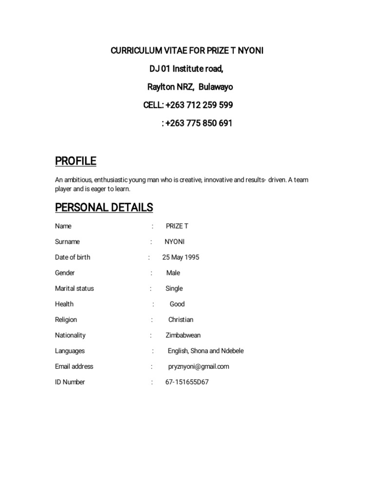 CV of Prize T Nyoni | PDF