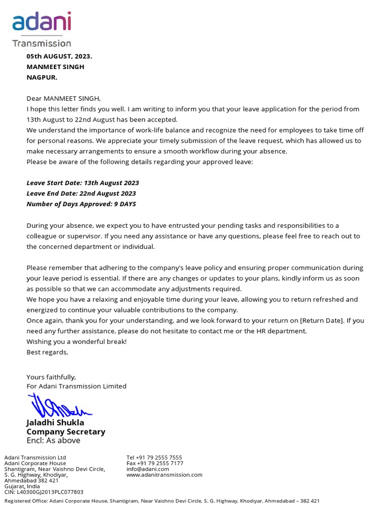 VECATION APPROVAL LETTER - PDF (Letterhead) | PDF