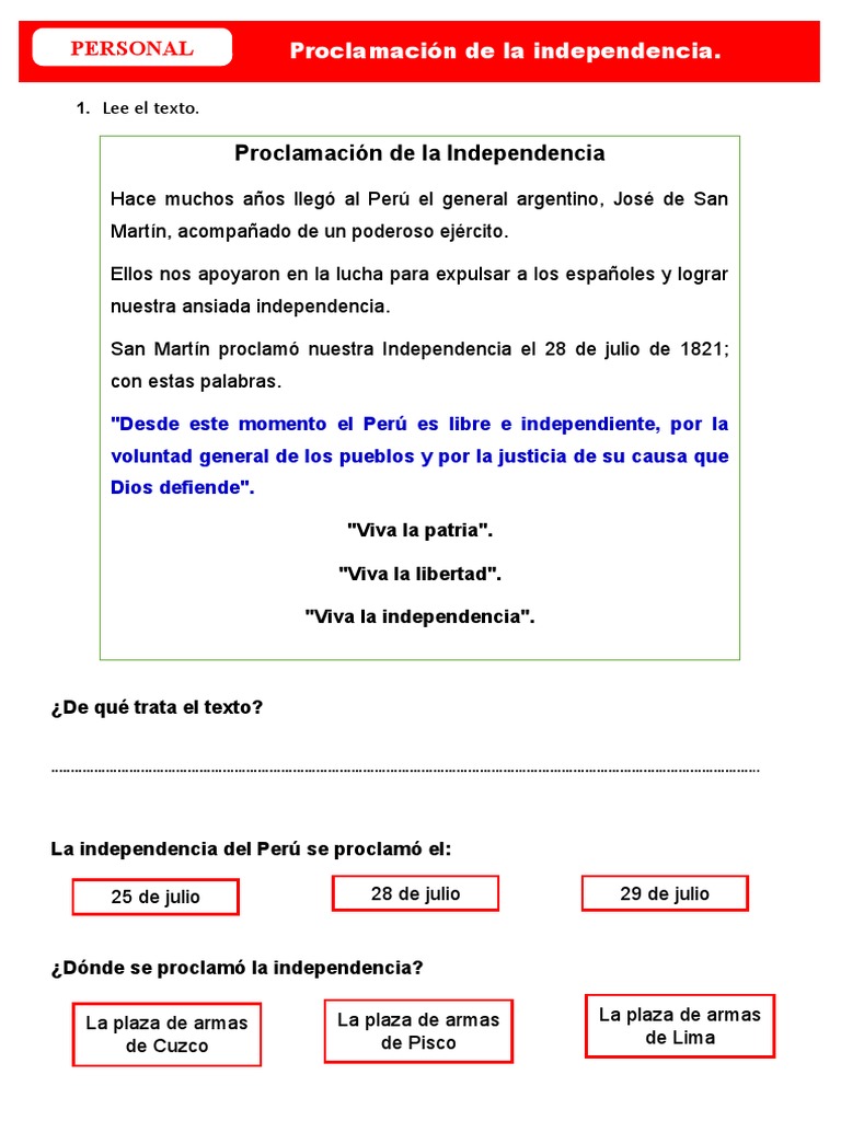 D1 A2 FICHA P. SOCIAL Proclamación de La Independencia. | PDF