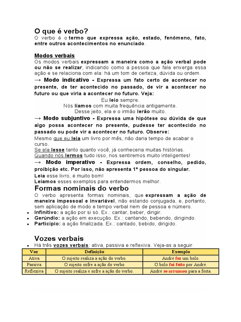 Verbo - Resumo Inicial e Atividade | PDF | Mecânica da linguagem | Tipologia linguística