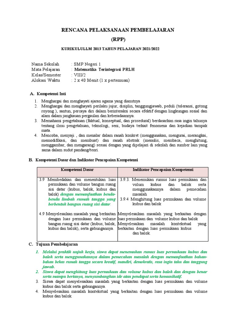 RPP Matematika PRLH Kelas VIII | PDF