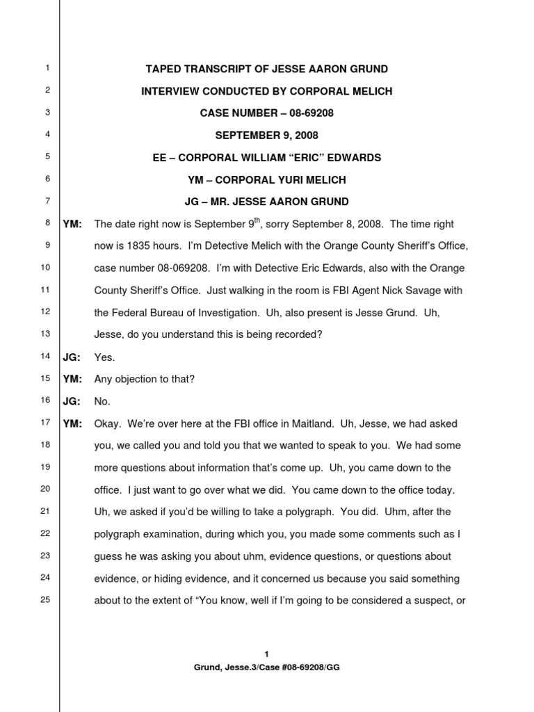 Casey Anthony - Jesse Grund 9-9-08 Transcript | PDF
