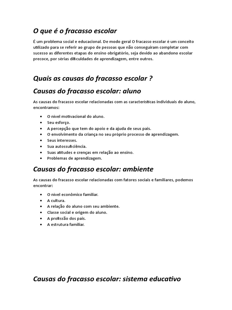 Fracasso Escolar | PDF | Aprendizado | Sociologia