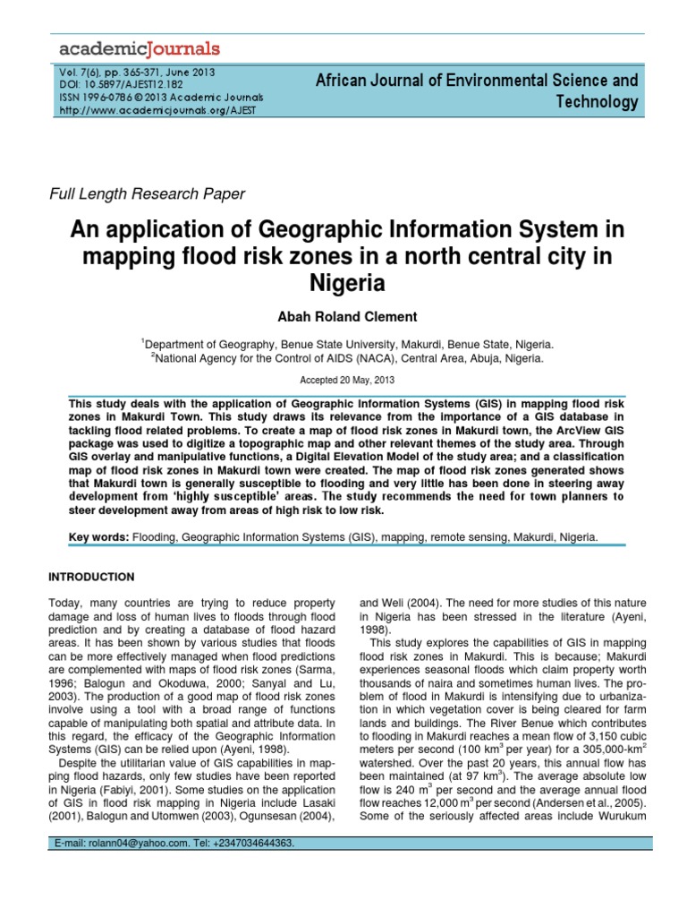 An Application Of Geographic Information System In Mapping Flood Risk Zones In A North Central