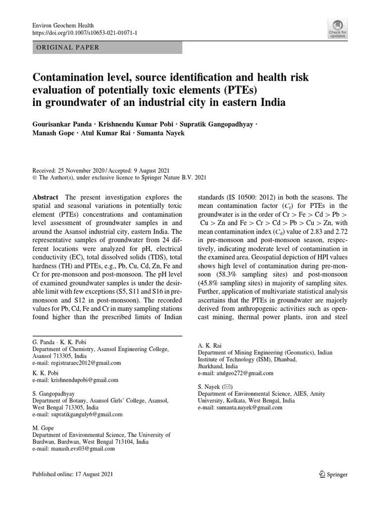 Contamination Level, Source Identification and Health Risk Evaluation ...