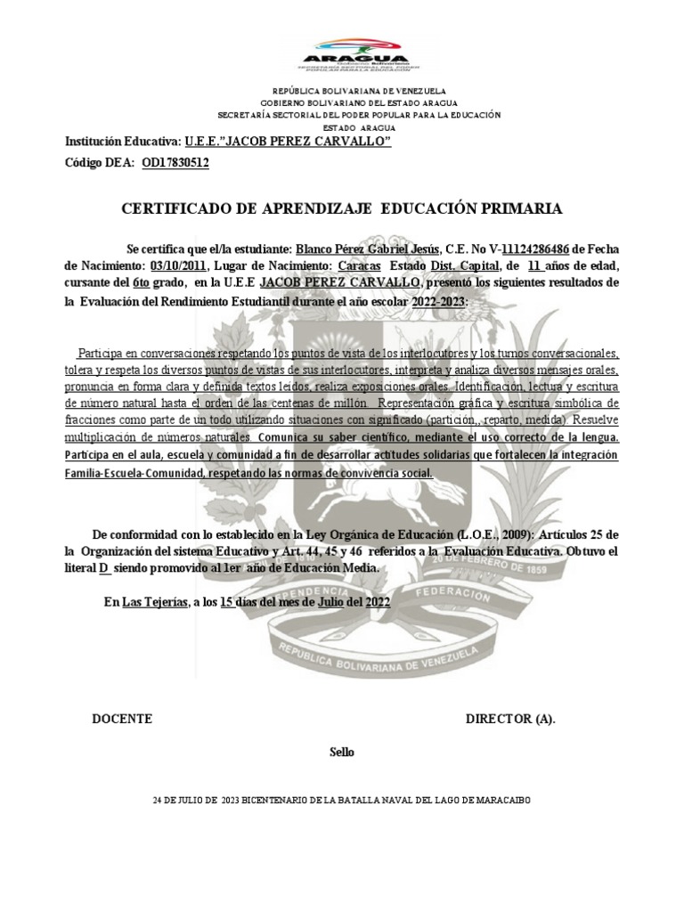 Certificados de Aprendizaje Marielbys Vegas CON EPONIMO | PDF | Educación primaria | Comprensión ...