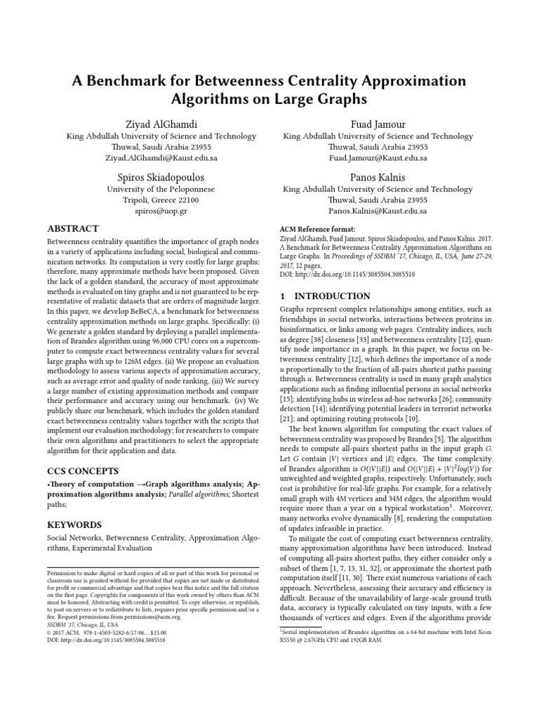 A Benchmark For Betweenness Centrality Approximation Algorithms On Large Graphs Pdf