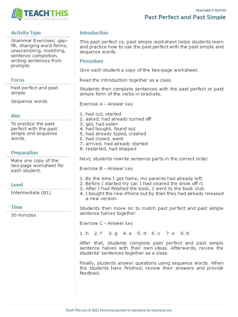 Past Perfect and Past Simple Worksheet | PDF | Perfect (Grammar ...