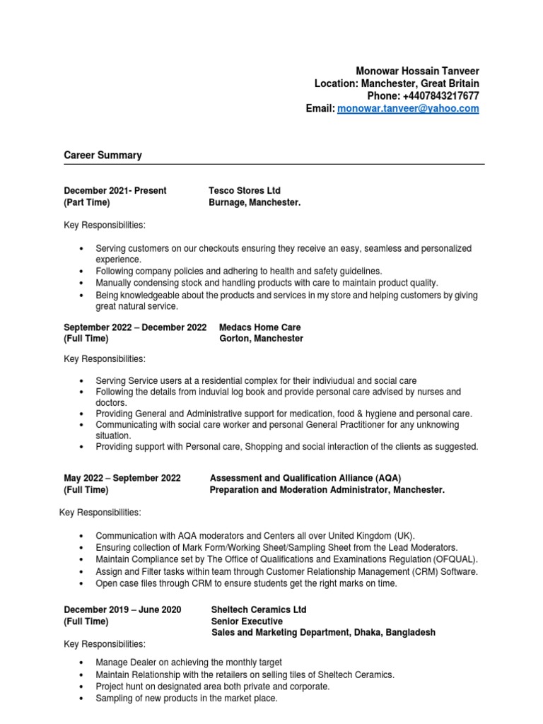 M H Tanveer CV (Care) | PDF | Stocks | Securities (Finance)