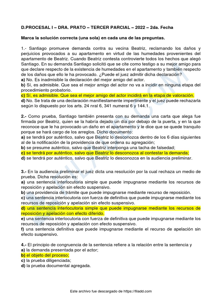 Tercer Parcial Preguntas Con Respuestas - Procesal 1 Propuesta 2 Magdalena Prato 2022 | PDF ...