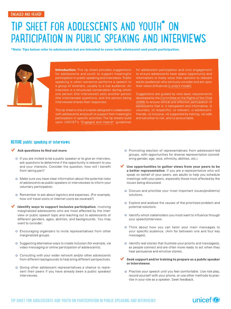 UNICEF-TIP-SHEET-Youth - Public Speaking and Interviews - 10 | PDF | Public Speaking | Adolescence