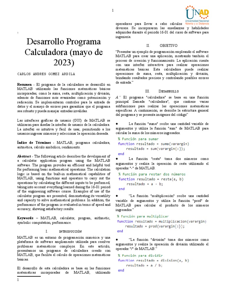 Articulo-Programa Calculadora Formato IEEE-1-CARLOS ANDRES GOMEZ ARDILA | PDF | Programación ...