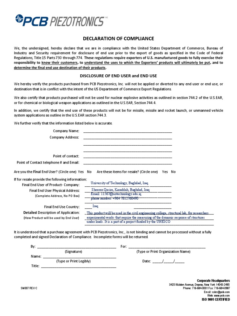 SM007 Declaration of Compliance Form | PDF