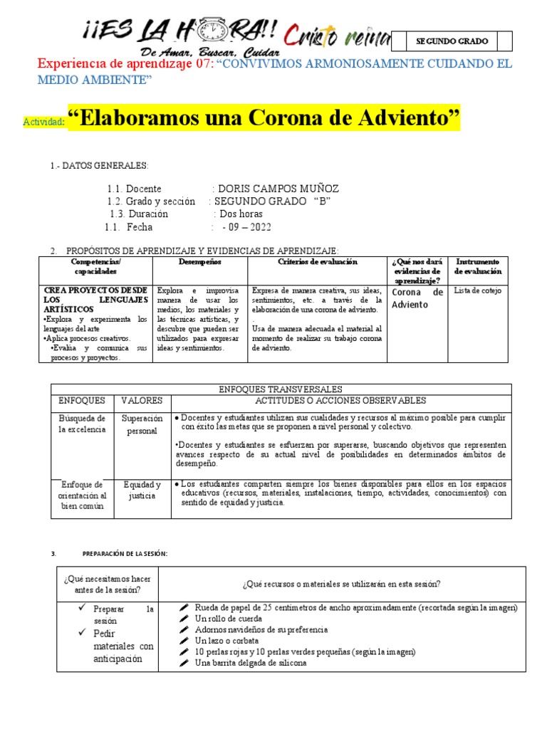 SES. Elaboramos Una Corona de Adviento | PDF | Evaluación | Aprendizaje