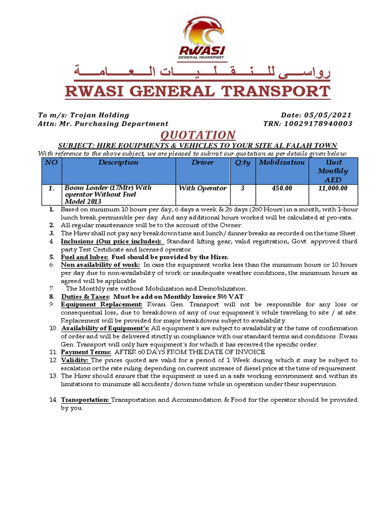 Quotation Trojan Holding-Boom Loader 17Mtr | PDF | Economies