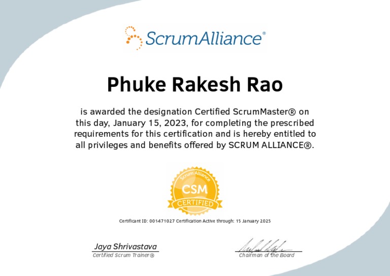 Phuke Rakesh Rao-ScrumAlliance - CSM - Certificate | PDF