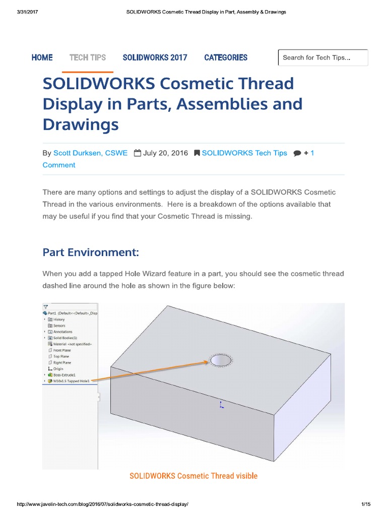SOLIDWORKS Cosmetic Thread Display in Part, Assembly & Drawings | PDF
