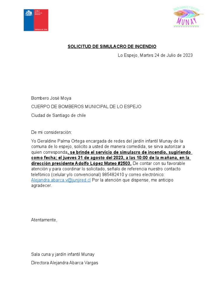Carta Solicitud Simulacro de Incendio | PDF | Derecho | Hogar ...