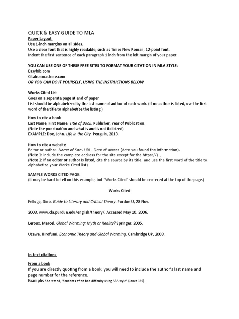 MLA - Quick and Easy Guide | PDF