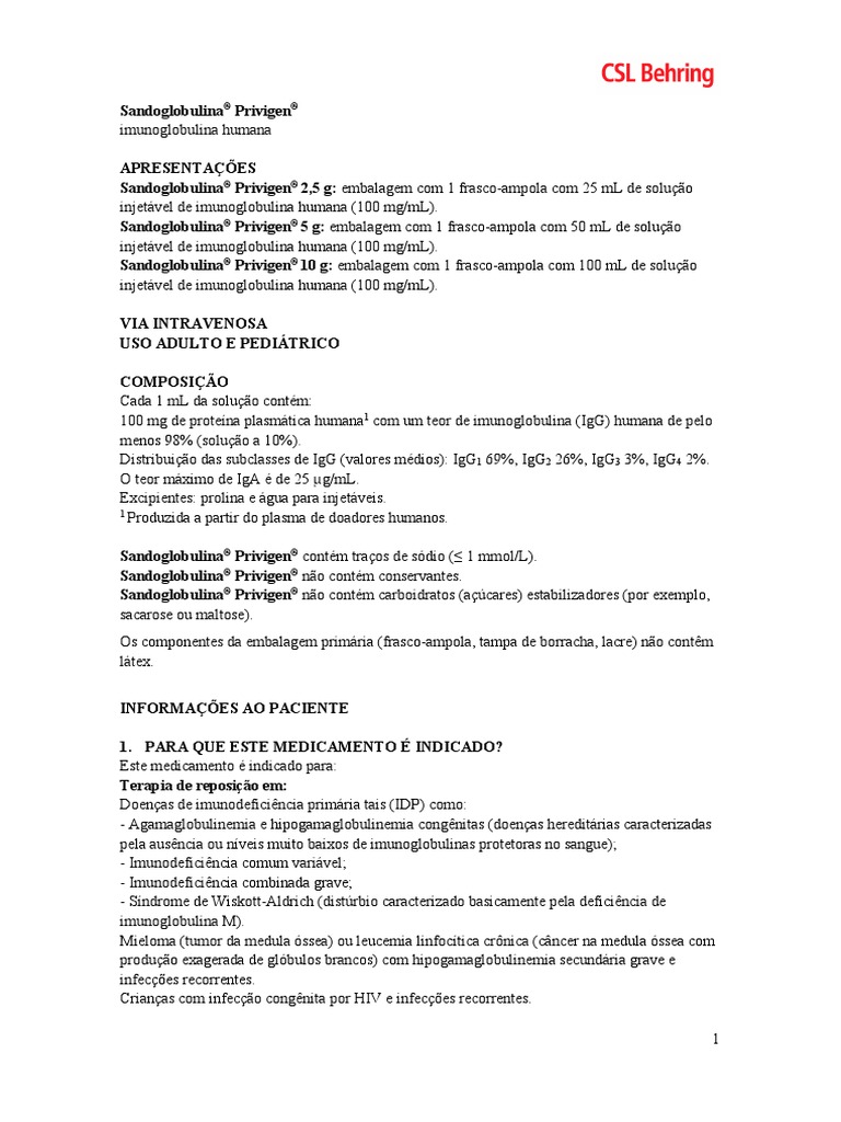IMUNOGLOBULINA HUMANA Sandoglobulina-Privigen-Bula-Paciente | PDF