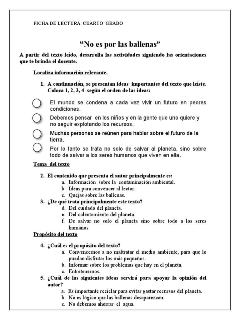 Ficha De Comprension De Lectura Cuarto Grado Pdf