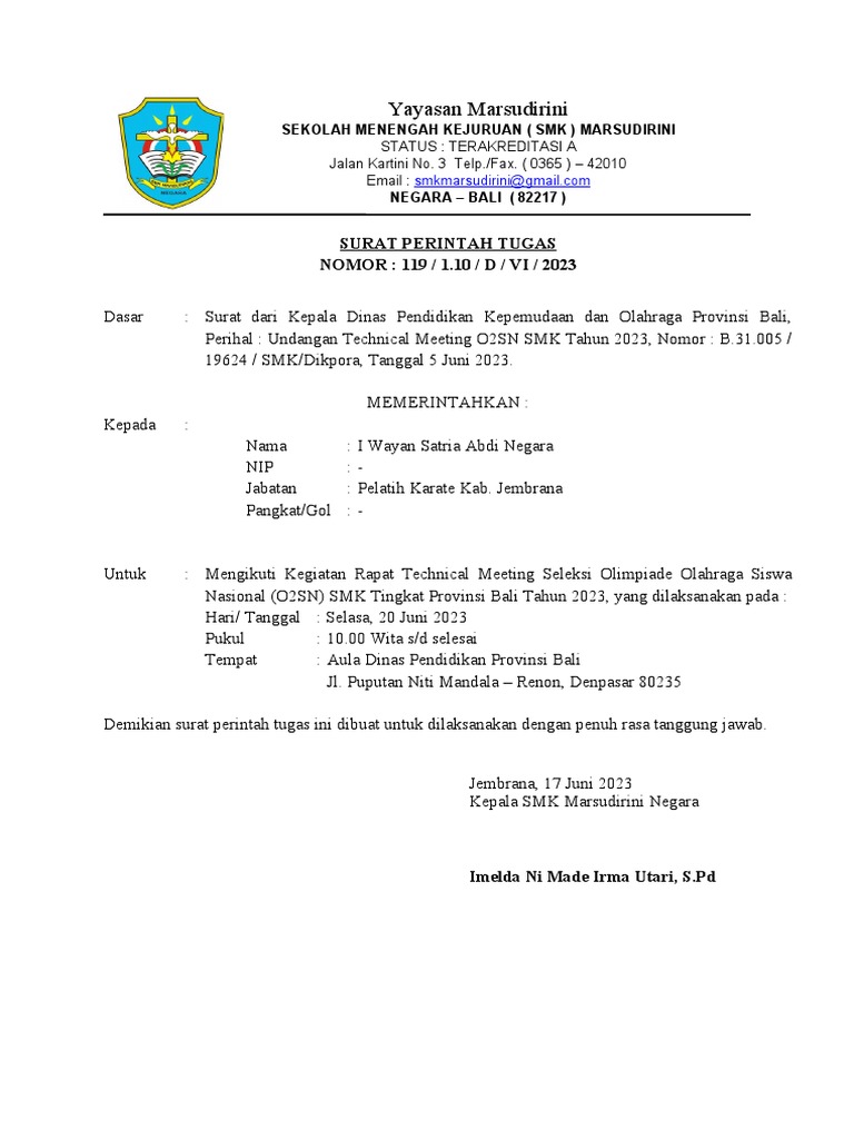 Surat Tugas TM O2SN SMK Tahun 2023 | PDF
